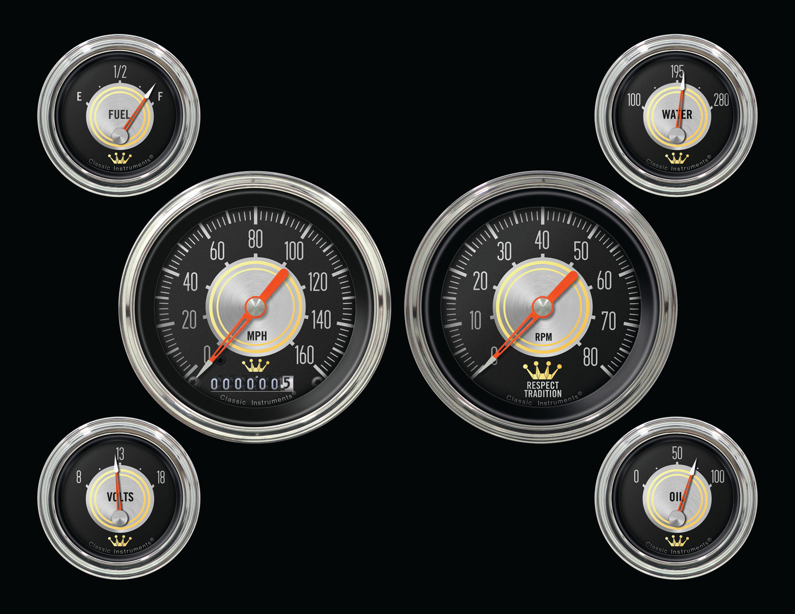 Classic Instruments HH01SLC Hollywood Hot Rod - 6 Gauge Set 3-3/8" Spe ...